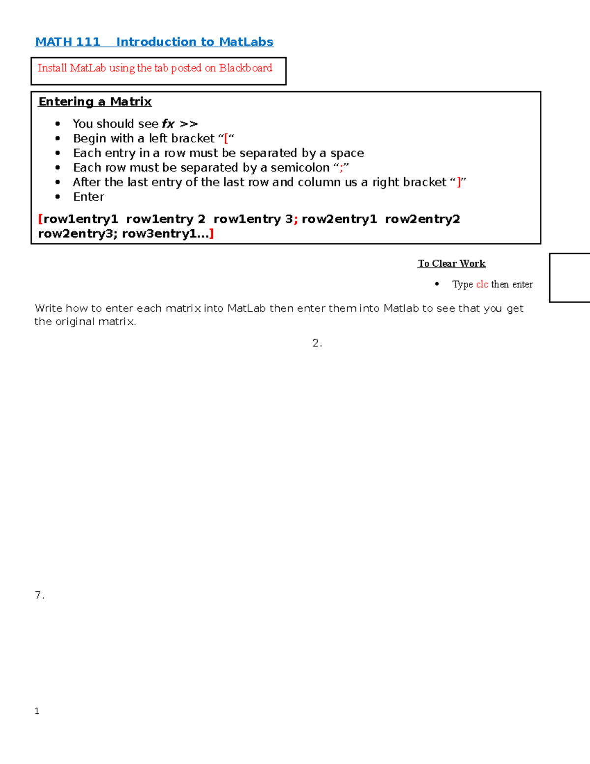 Introduction To Mat Labs Notes Math 111 Introduction To Matlabs Write