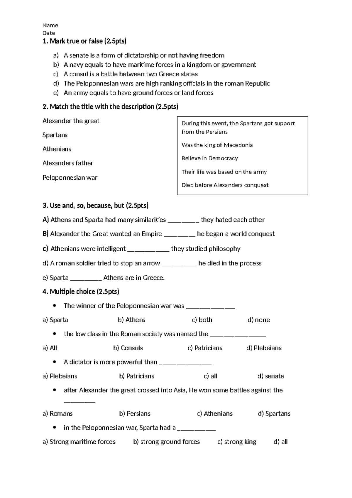Quiz Decimo - fgdgd - Name Date 1. Mark true or false (2) a) A senate ...