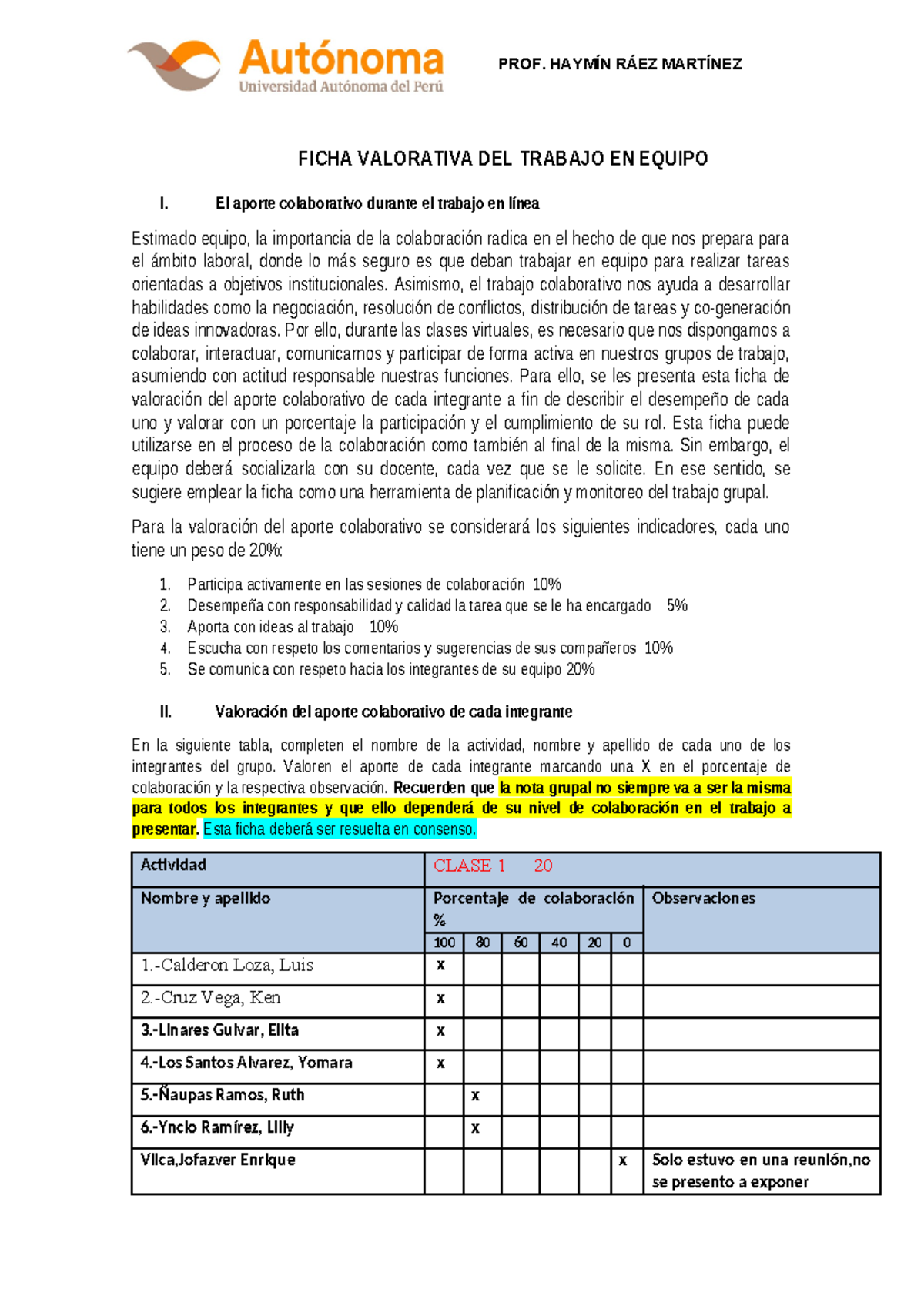 Valoración del aporte de cada integrante (3) - PROF. HAYMÍN RÁEZ ...