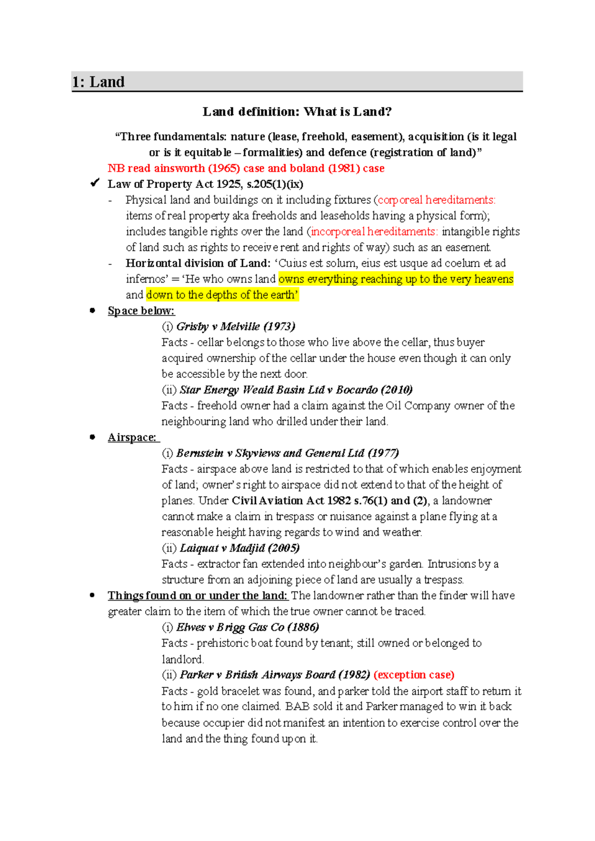 Land Law (Notes) - 1: Land Land definition: What is Land? “Three ...
