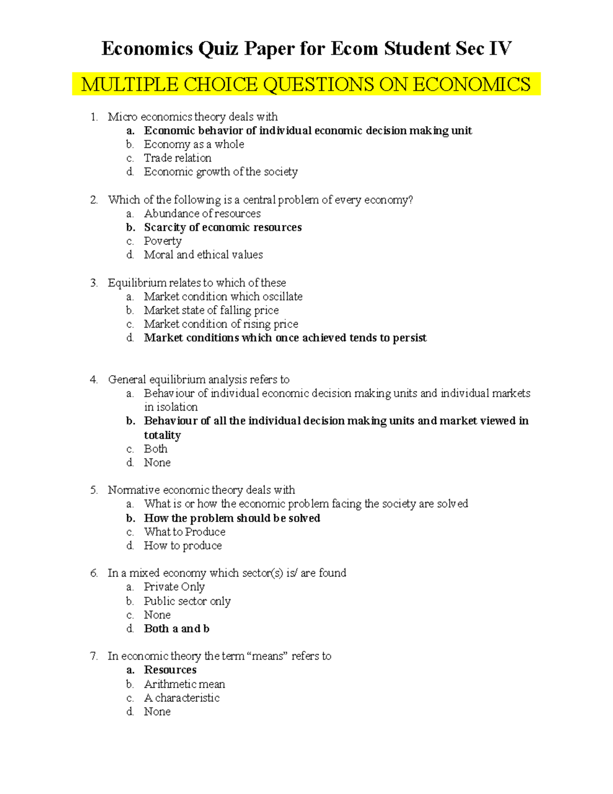 Economics Quiz Paper for Ecom Student Sec IV - MULTIPLE CHOICE ...