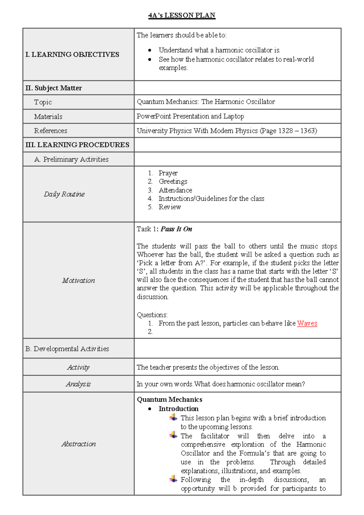 Guanga 4As Harmonic Oscillator - 4A’s LESSON PLAN I. LEARNING ...