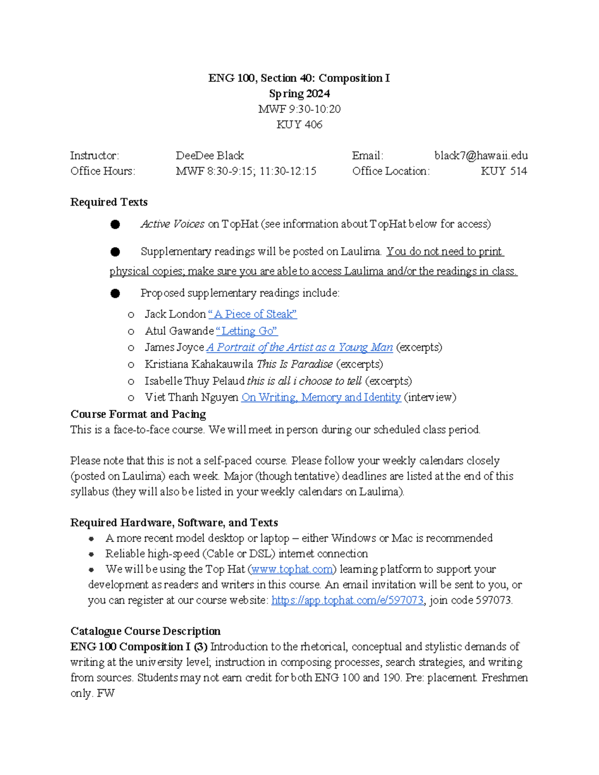 ENG 100 40 Syllabus Sp24 - ENG 100, Section 40: Composition I Spring ...