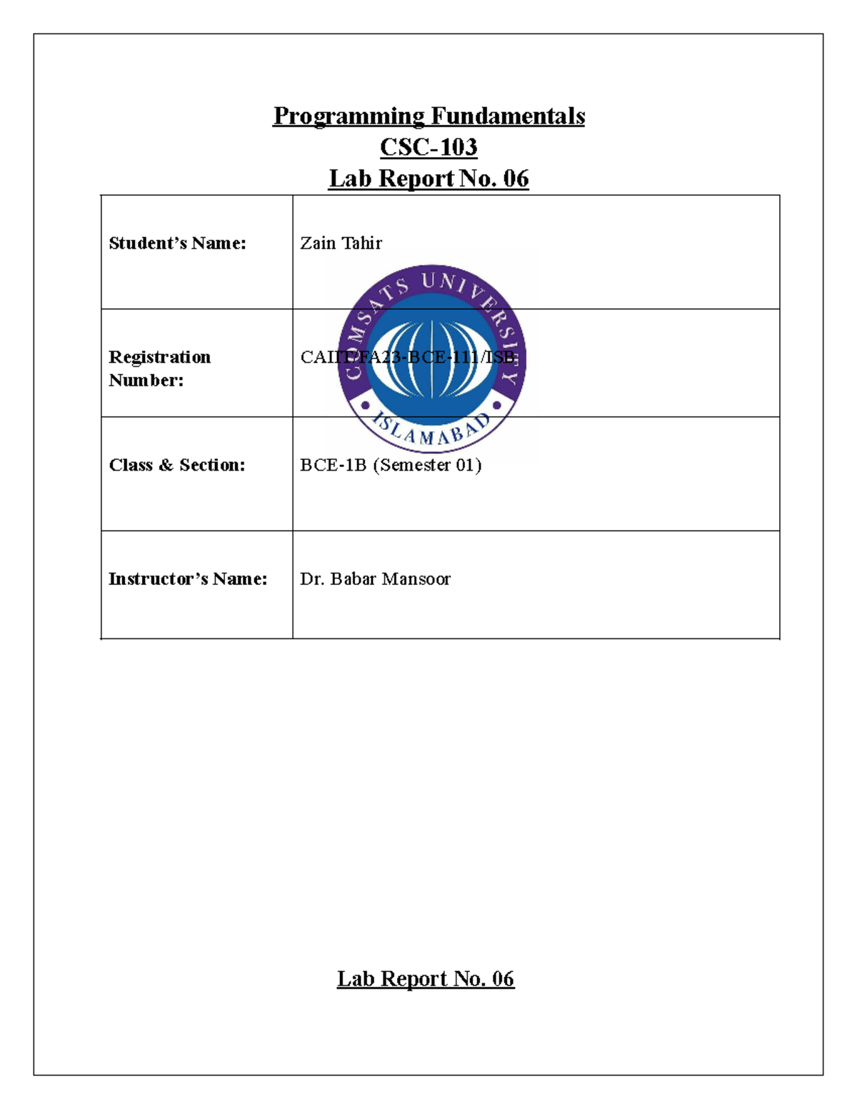 Lab Report No 06 Programming Fundamentals Csc Lab Report No 06