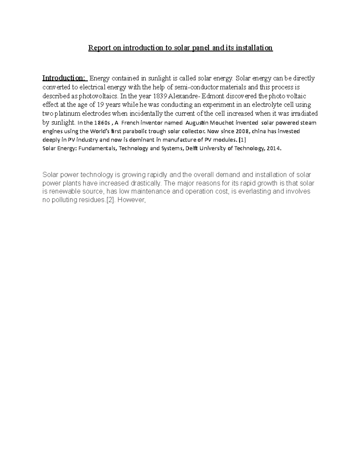 Report on introduction to solar panel and its installation - Report on ...