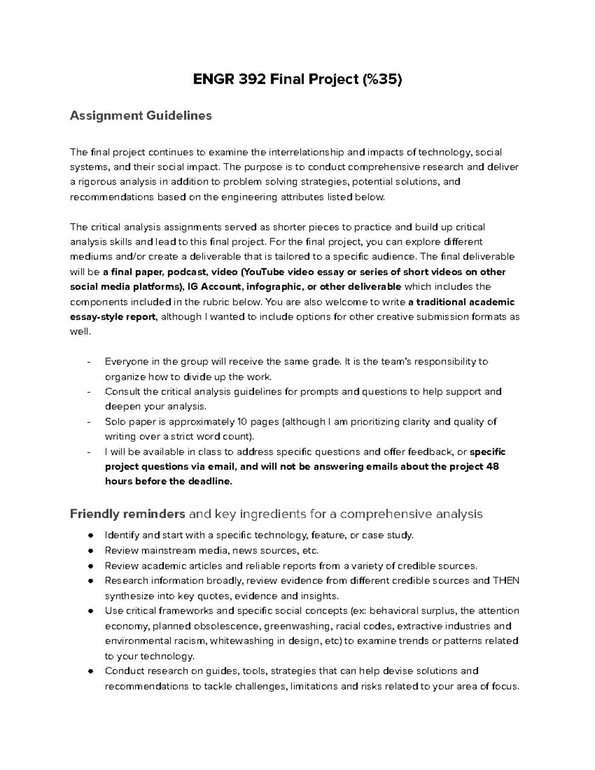 Final Project Guide - ENGR 392 Q - ENGR 392 Final Project (%35) Assignment Guidelines The final ...