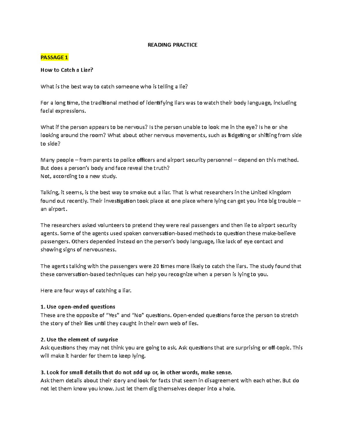 Reading Practice (LAST) - READING PRACTICE PASSAGE 1 How to Catch a ...