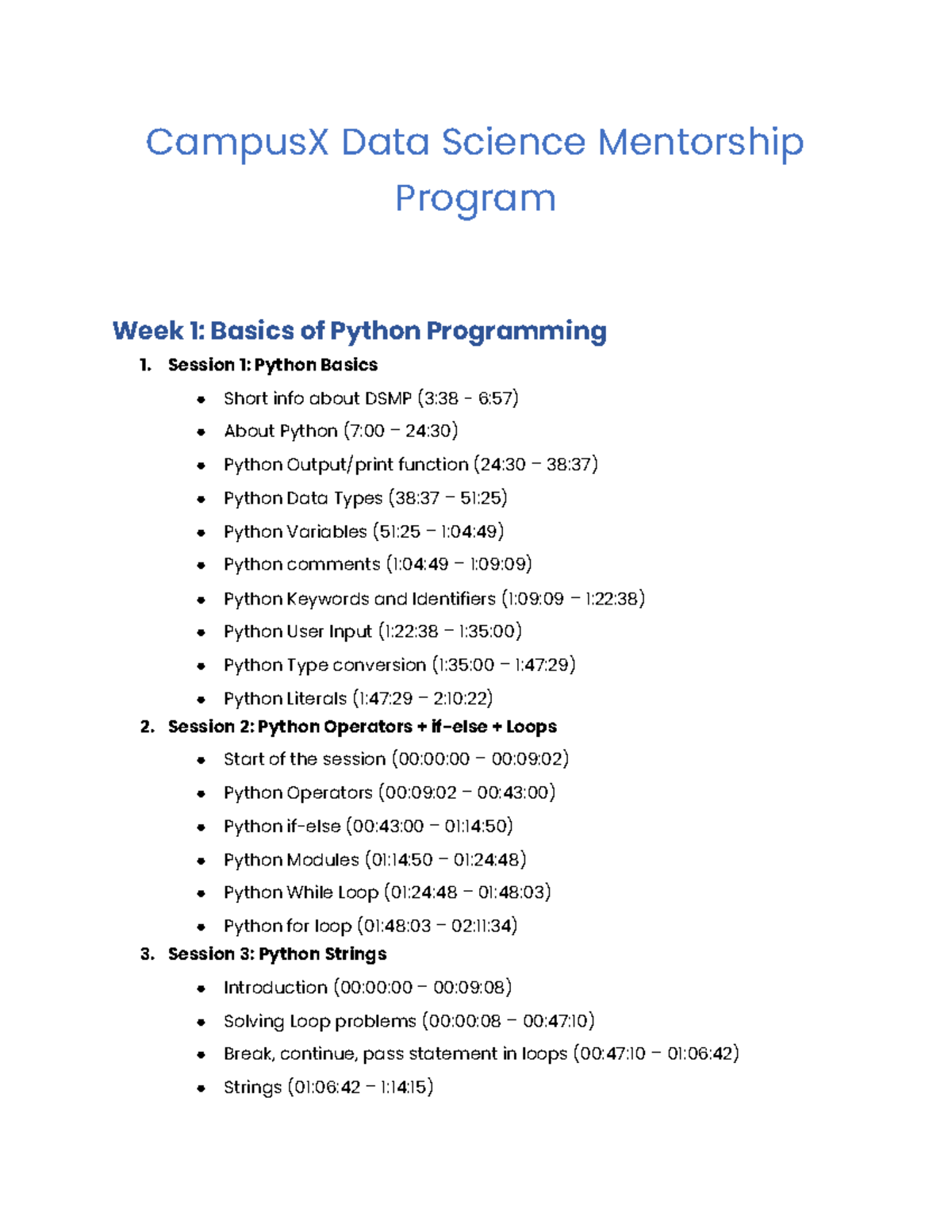 Campus X DSMP 2.0 Syllabus - CampusX Data Science Mentorship Program Week 1: Basics of Python ...