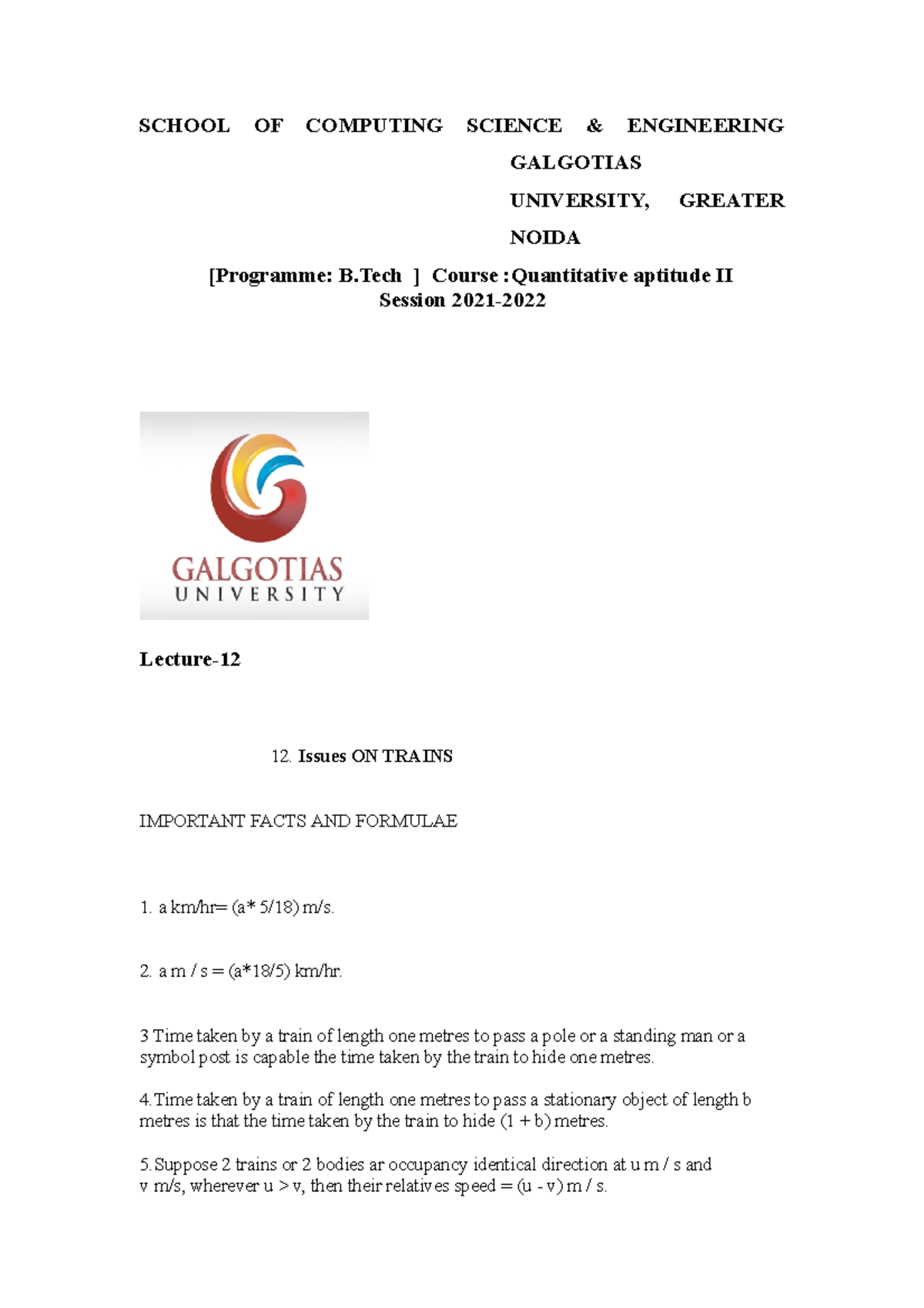 Quantitative aptitude lecture 12 @ galgotias university - SCHOOL OF COMPUTING SCIENCE & - Studocu