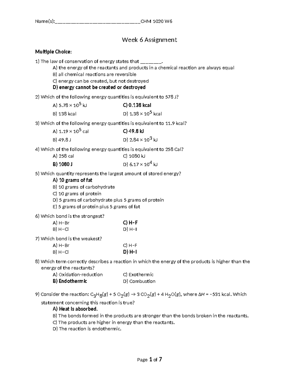 Chem LAB 6 - N/a - Week 6 Assignment Multiple Choice: The law of ...