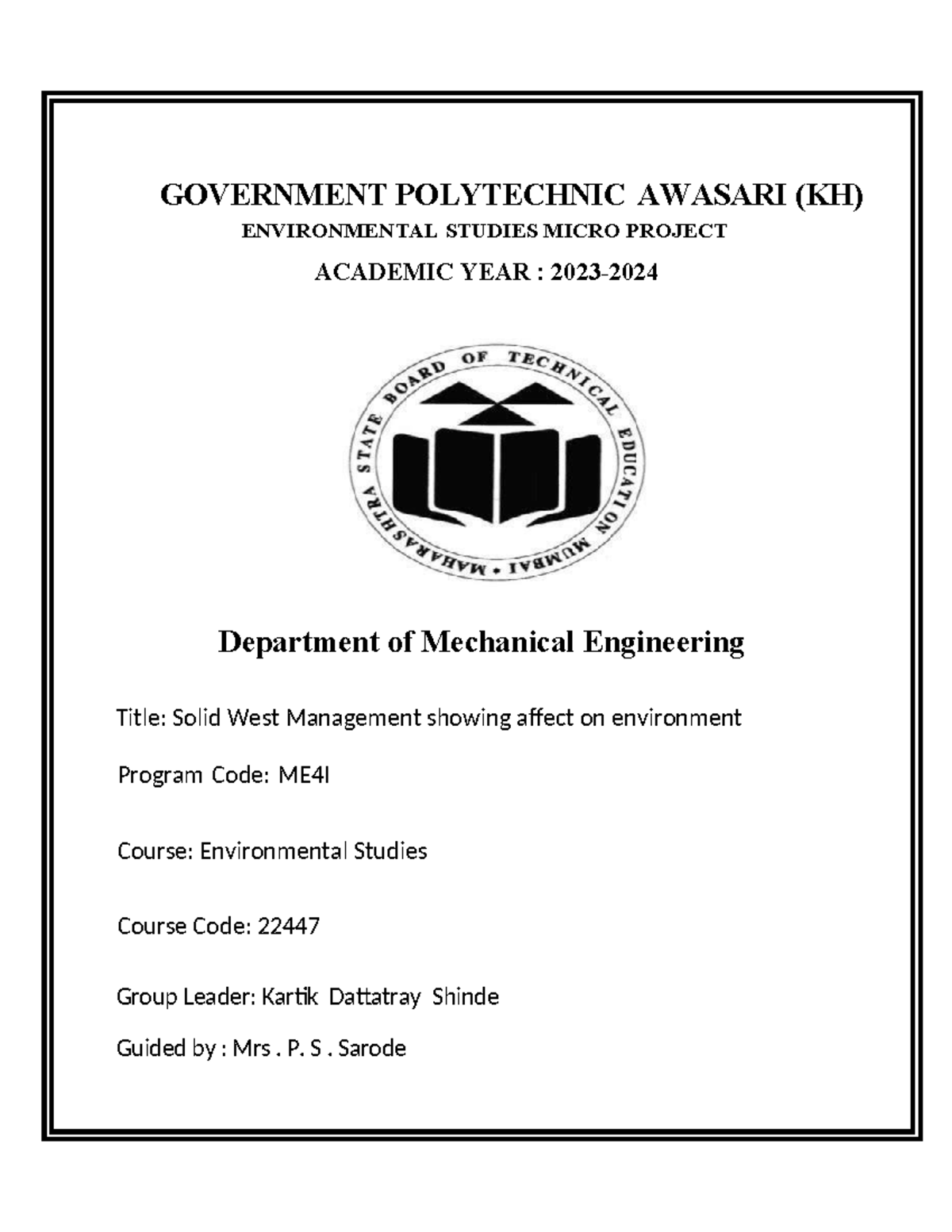 EST Kartik - GOVERNMENT POLYTECHNIC AWASARI (KH) ENVIRONMENTAL STUDIES ...