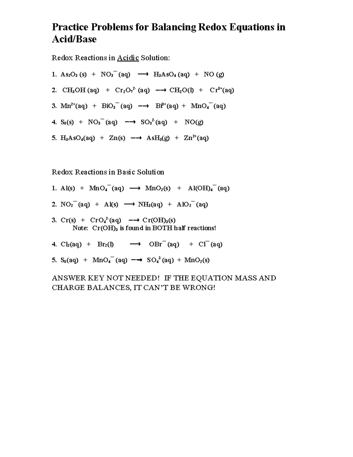 Redox balancing practice - Practice Problems for Balancing Redox ...