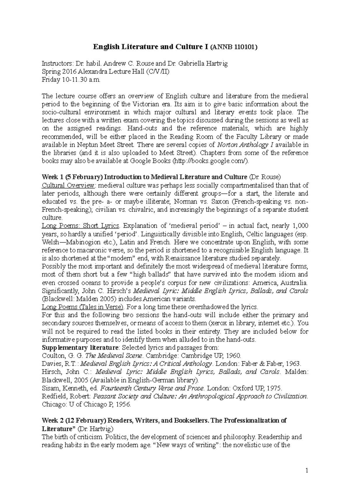 BA English Literature and Culture I Lecture Course Syllabus - Rouse and ...