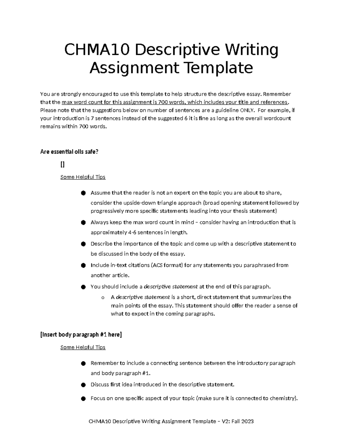 Descriptive essay template - CHMA10 Descriptive Writing Assignment ...