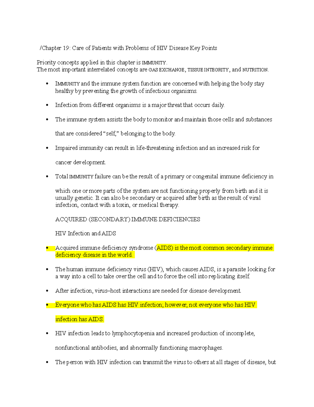 HIV key points (includes AIDS) - /Chapter 19: Care of Patients with ...