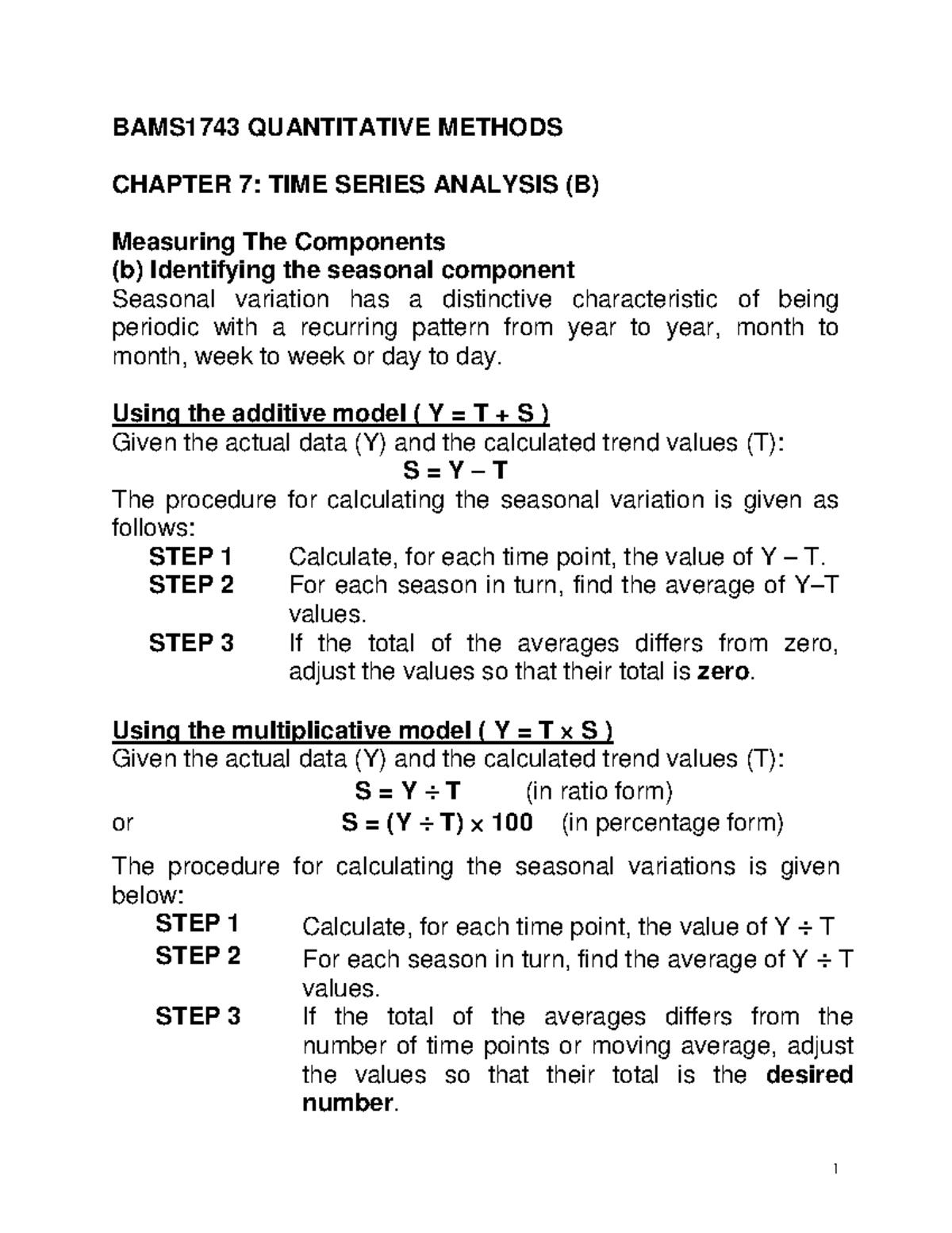 Chapter 7 B TIME SERIES ANALYSIS B BAMS1743 QUANTITATIVE METHODS chapter-7-b-time-series-analysis-b-bams1743-quantitative-methods