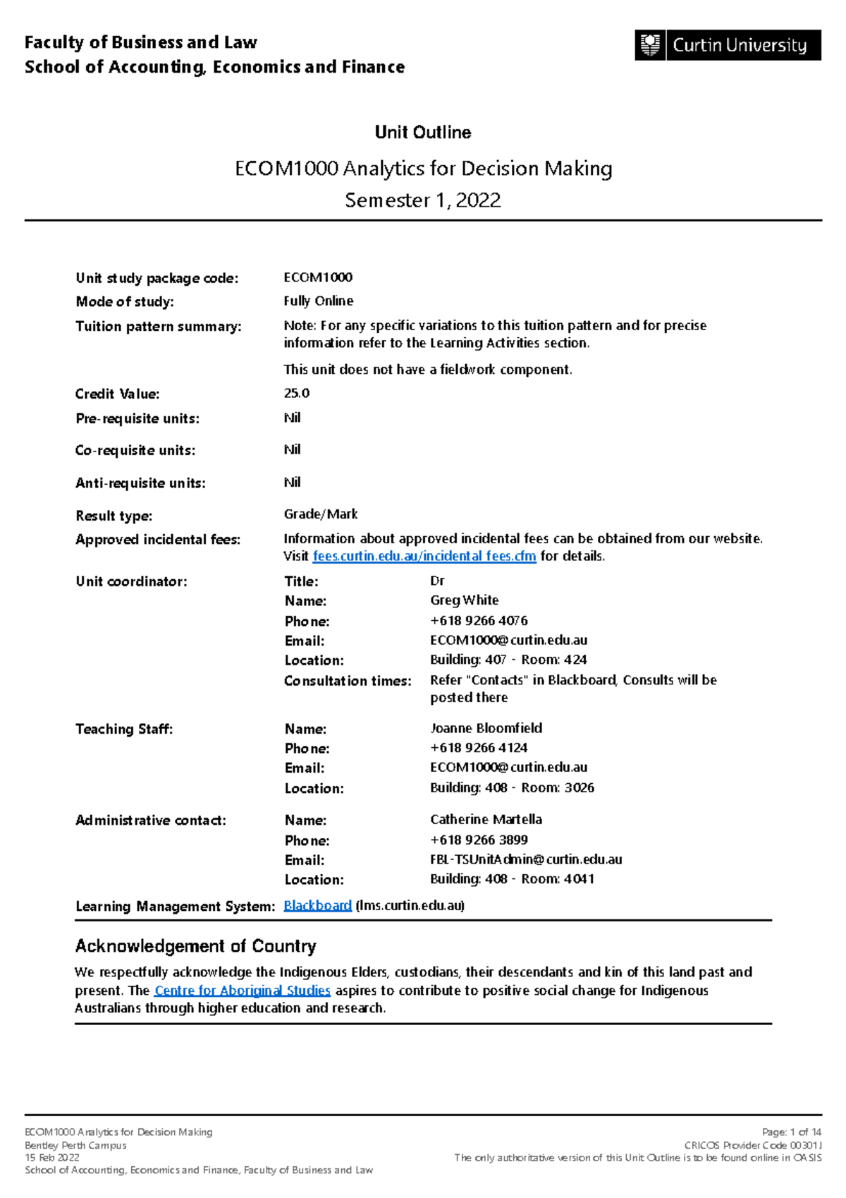 ECOM1000 Analytics for Decision Making Semester 1 2022 Bentley Perth Campus FO - Acknowledgement ...