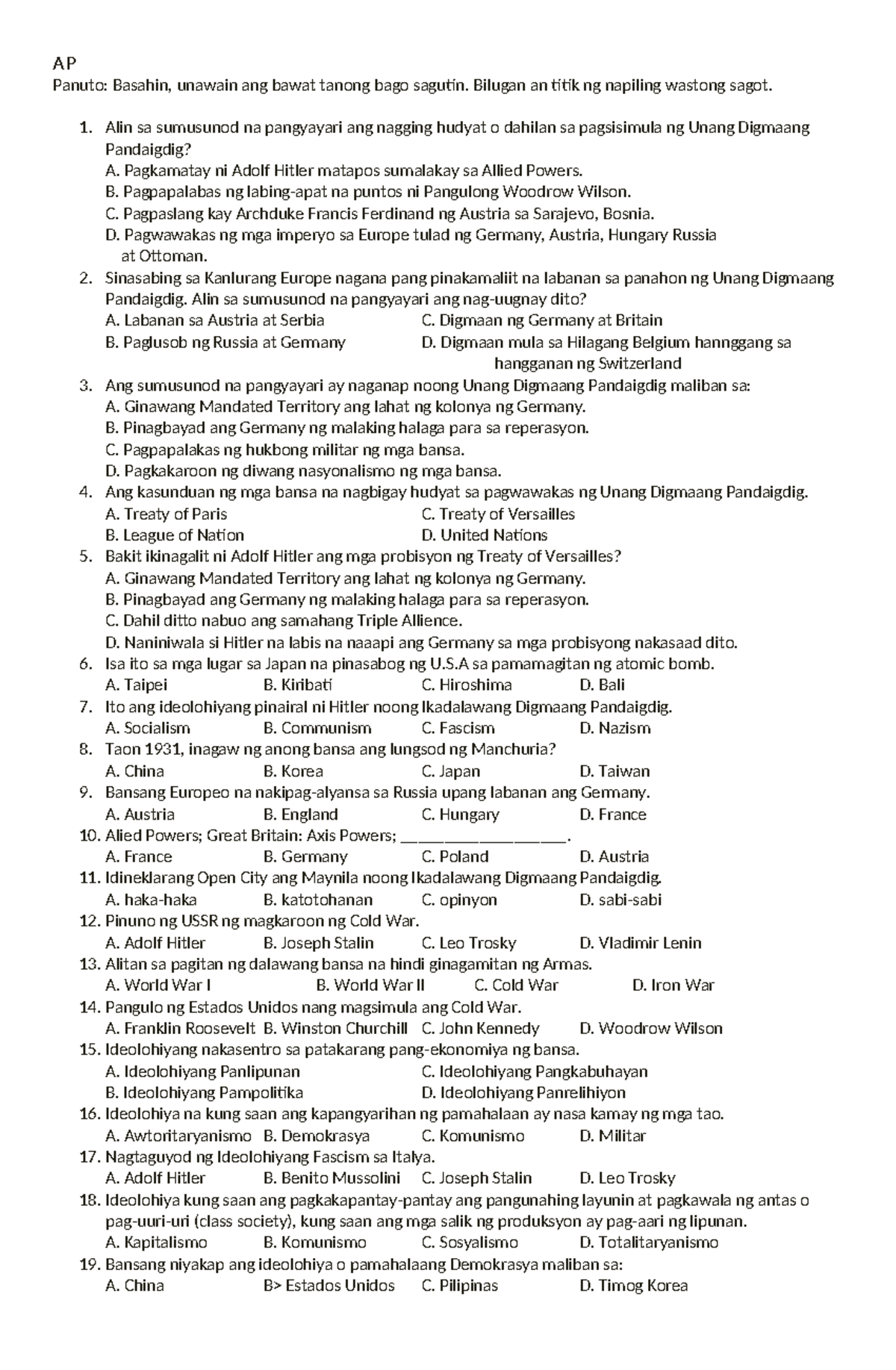 412818218 4th Quarter Exam AP - AP Panuto: Basahin, unawain ang bawat ...