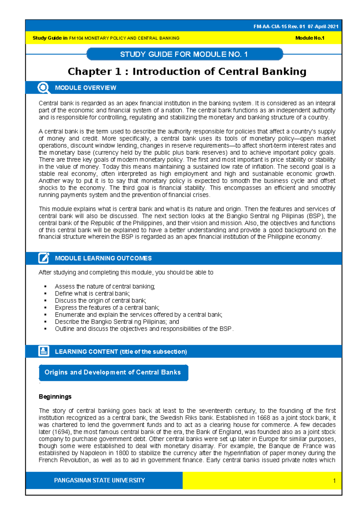 SG 1 Monetary Policy and Central banking - STUDY GUIDE FOR MODULE NO. 1 Study Guide in FM 104 ...