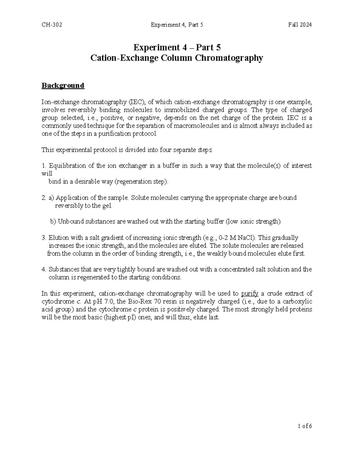 Experiment 4, Part 5 - Cation-Exchange Column Chromatography (24F ...