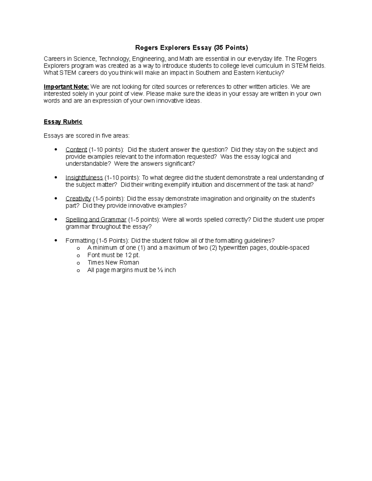 Rogers Explorers Grading Rubric - Rogers Explorers Essay (35 Points ...