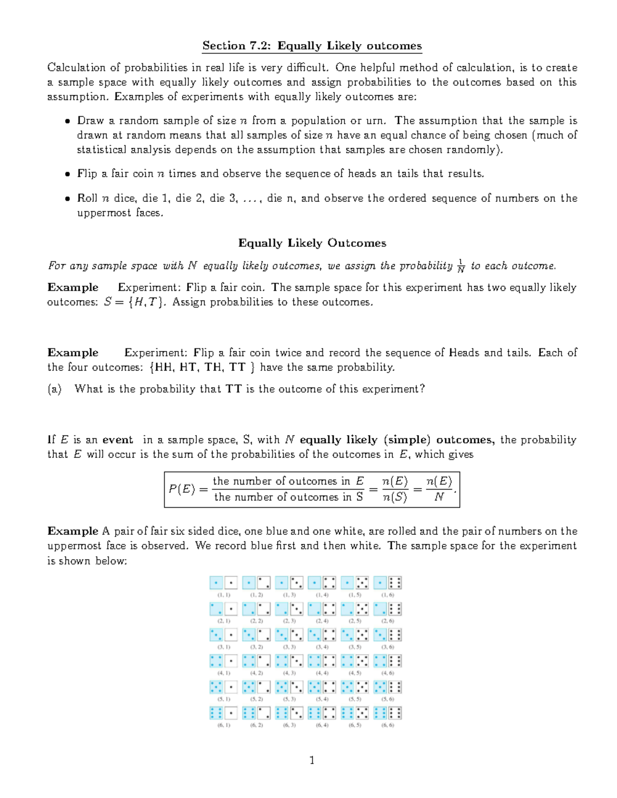 Lecture notes 9 - Equally Likely Outcomes - Section 7: Equally Likely ...