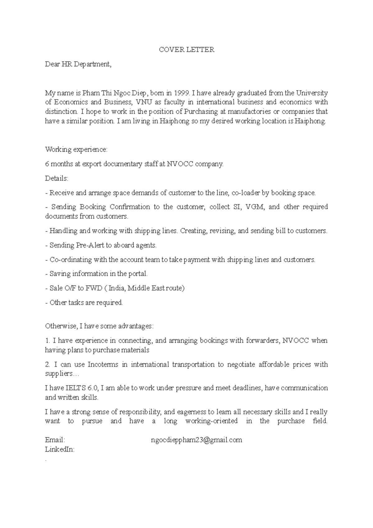 Cover letter - COVER LETTER Dear HR Department, My name is Pham Thi ...