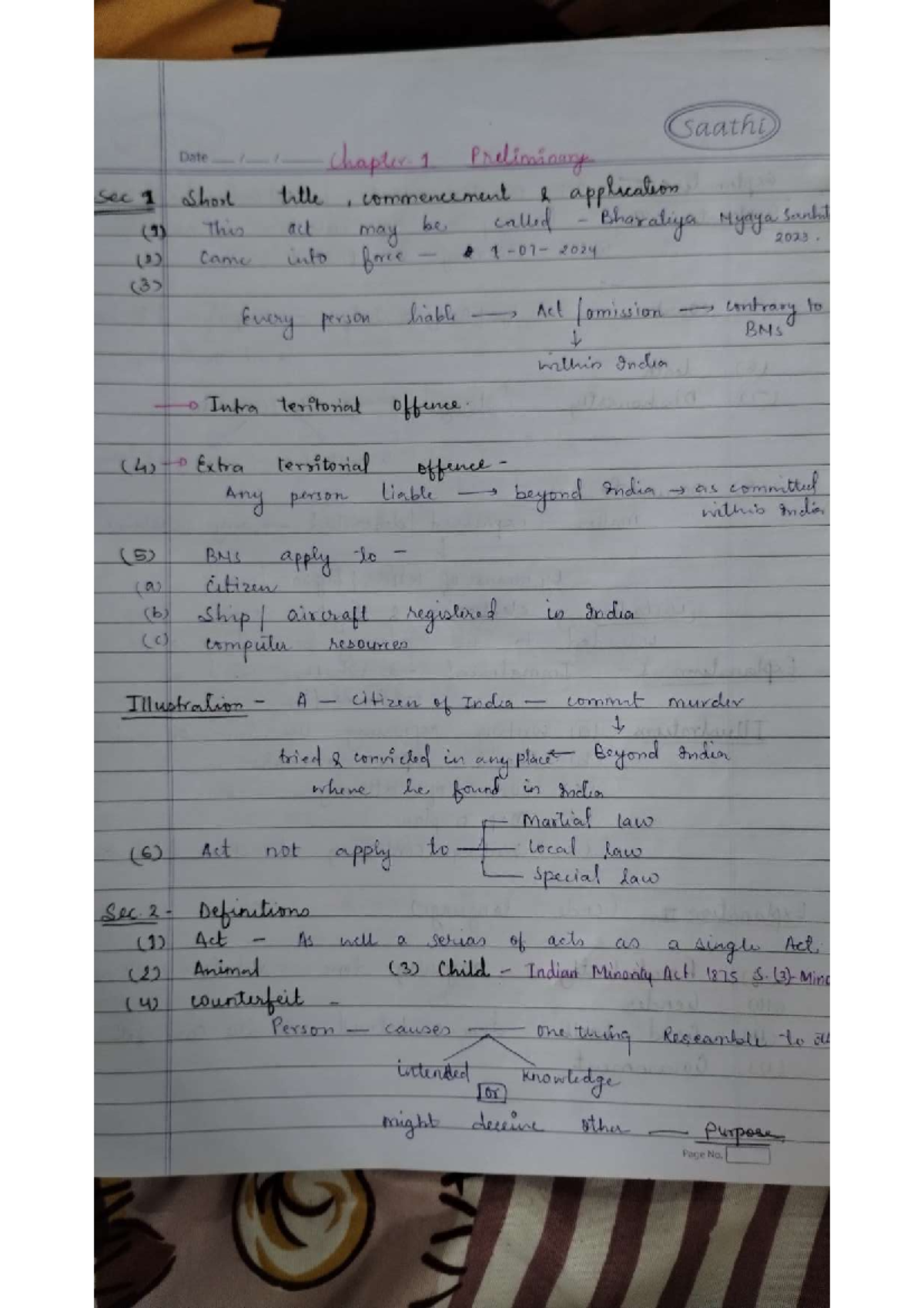 Bharatiya nyaya sanhita 2023 hand notes section 1 to 8 - Saathi Date ...