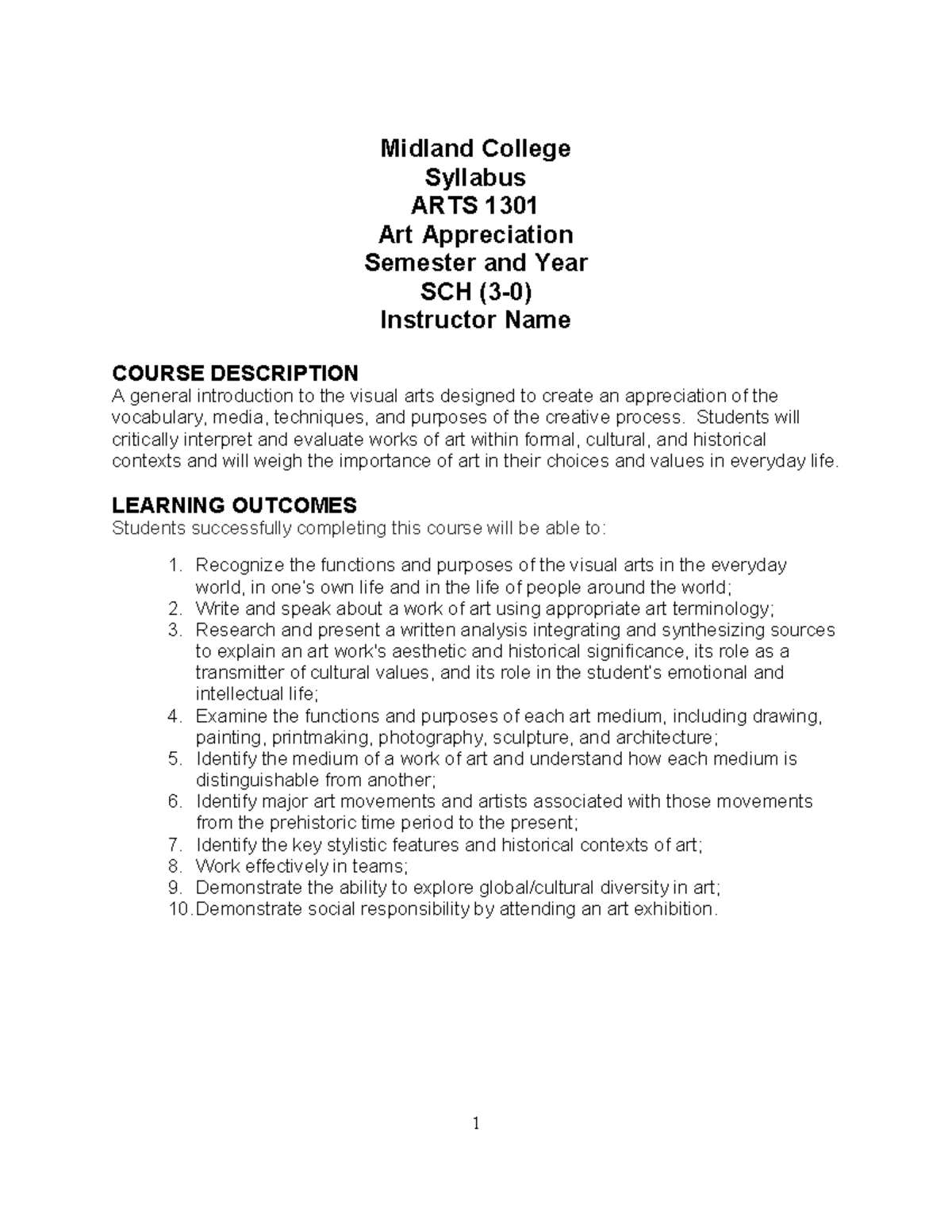 ART-1301 Art Appreciation - Midland College Syllabus ARTS 1301 Art ...