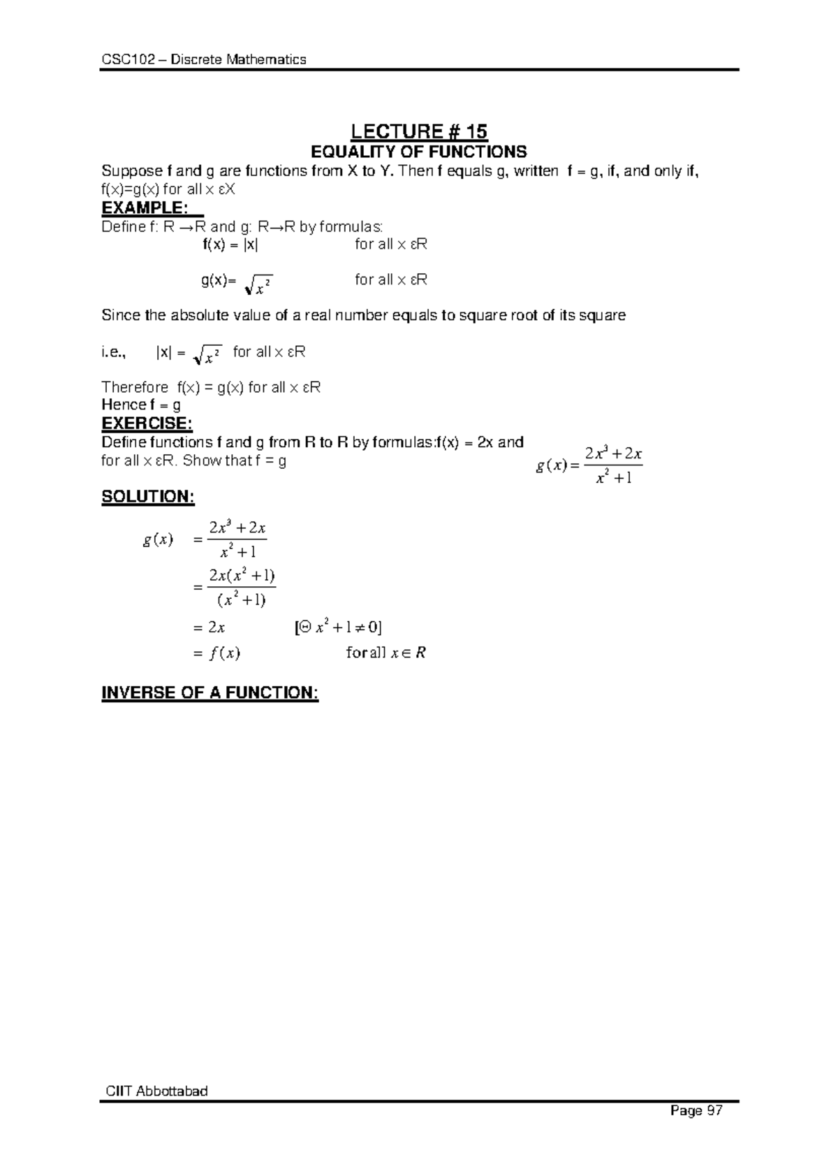 Lecture Name {Equality of function} - CIIT Abbottabad LECTURE # 15 ...