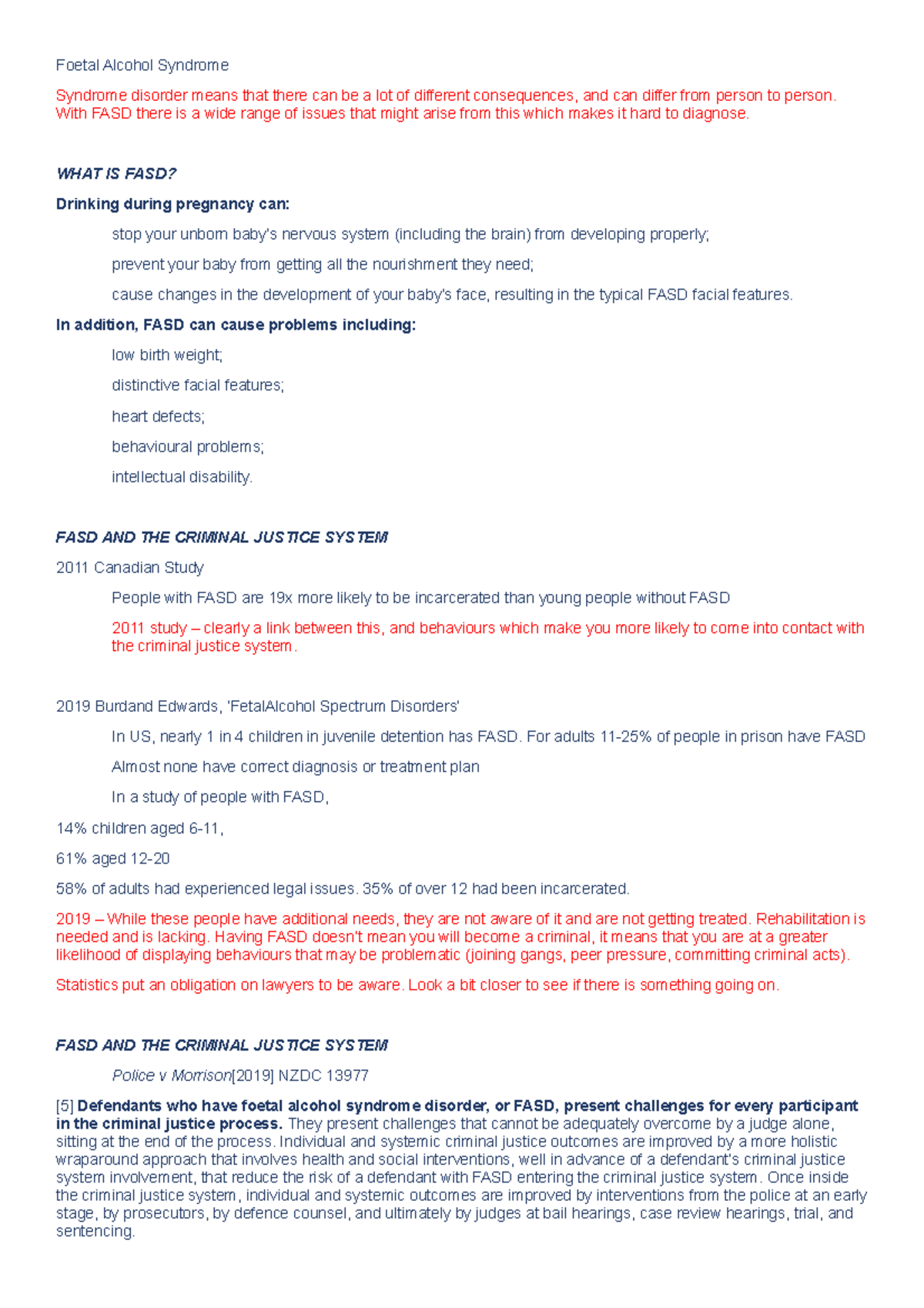 FASD Notes (ALL) - Foetal Alcohol Syndrome Syndrome disorder means that ...