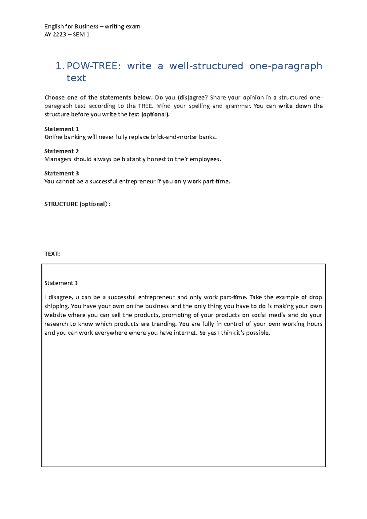 Writing exam - engels - English for Business – writing exam AY 2223 ...