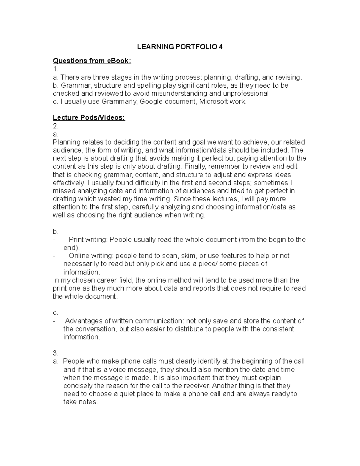 LP4 - It is LP4 - LEARNING PORTFOLIO 4 Questions from eBook: 1. a ...