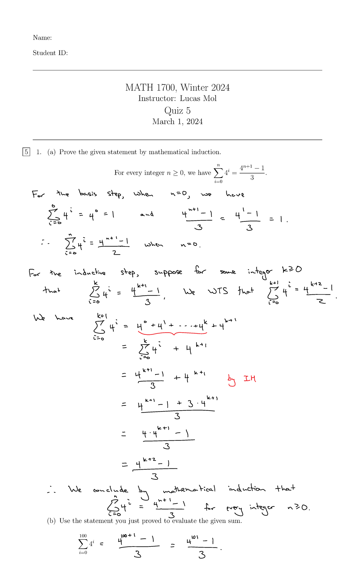Quiz 5 Version 1 Solutions - Math 1701 - Name: Student ID: MATH 1700 ...