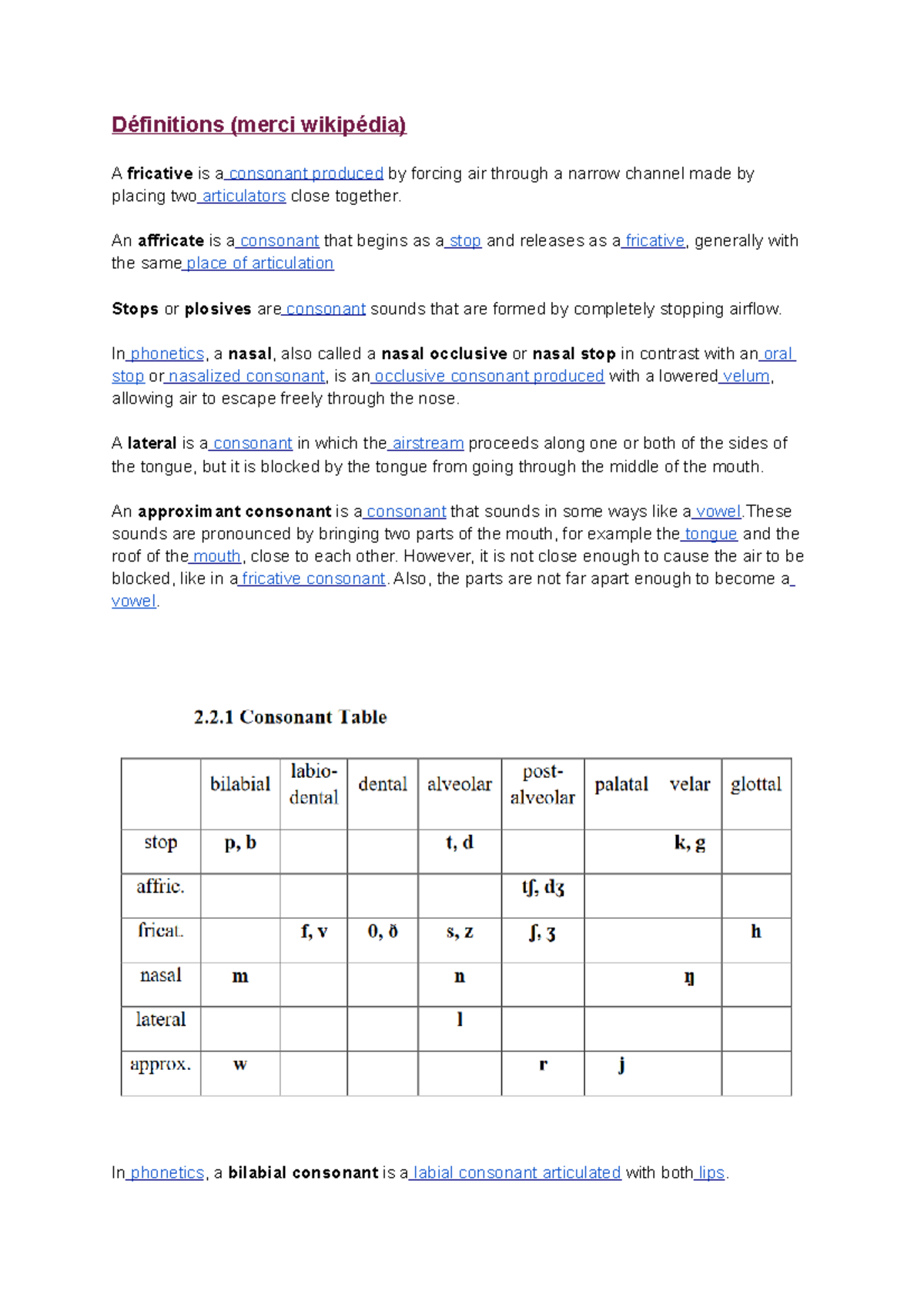 Consonnant table and definitions - Définitions (merci wikipédia) A ...