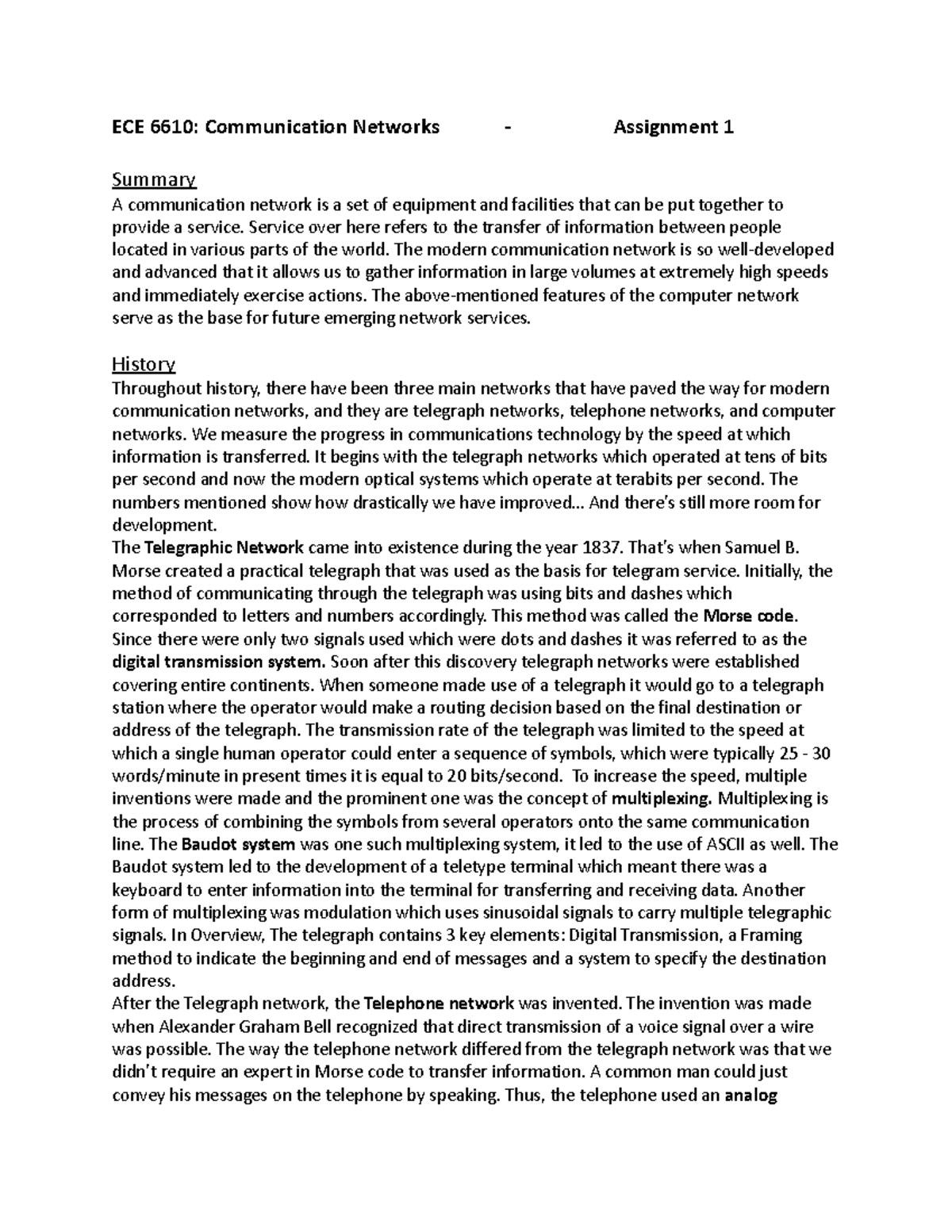 Assignment 1 - It is a summary of the course 1st chapter (history of networks) - ECE 6610: - Studocu
