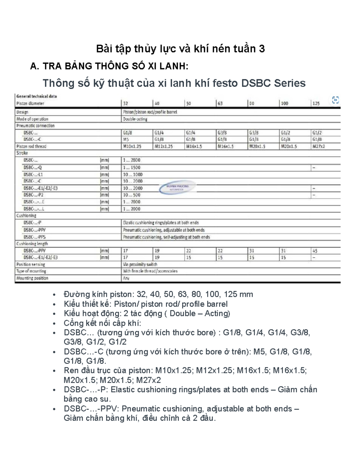 Huỳnh Thế Trí - 21143407 BT tuần 3 - Bài tập thủy lực và khí nén tuần 3 A. TRA BẢNG THÔNG SỐ XI ...