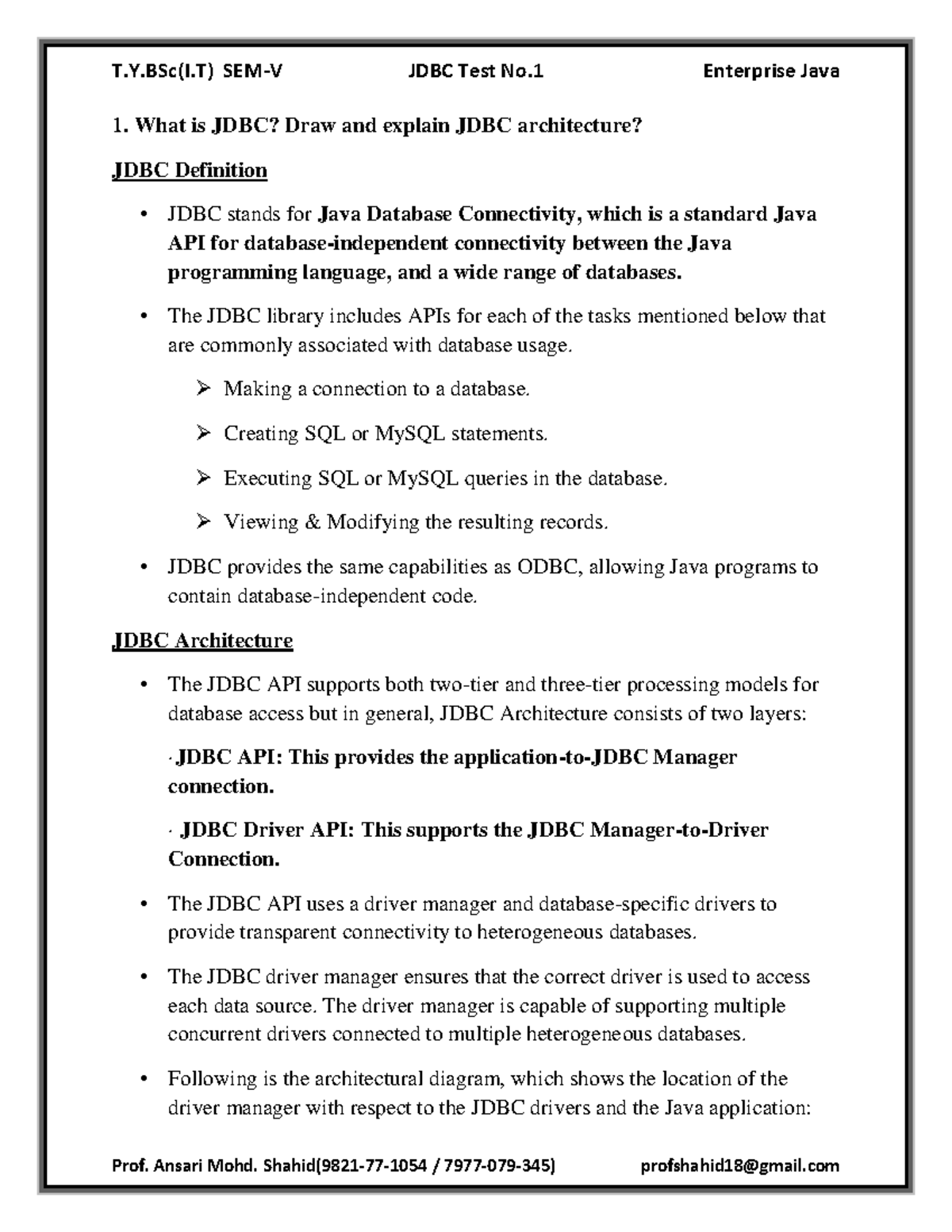 JDBC Part1 Notes bscit seem 5 - Bsc. Information Technology - MU - Studocu