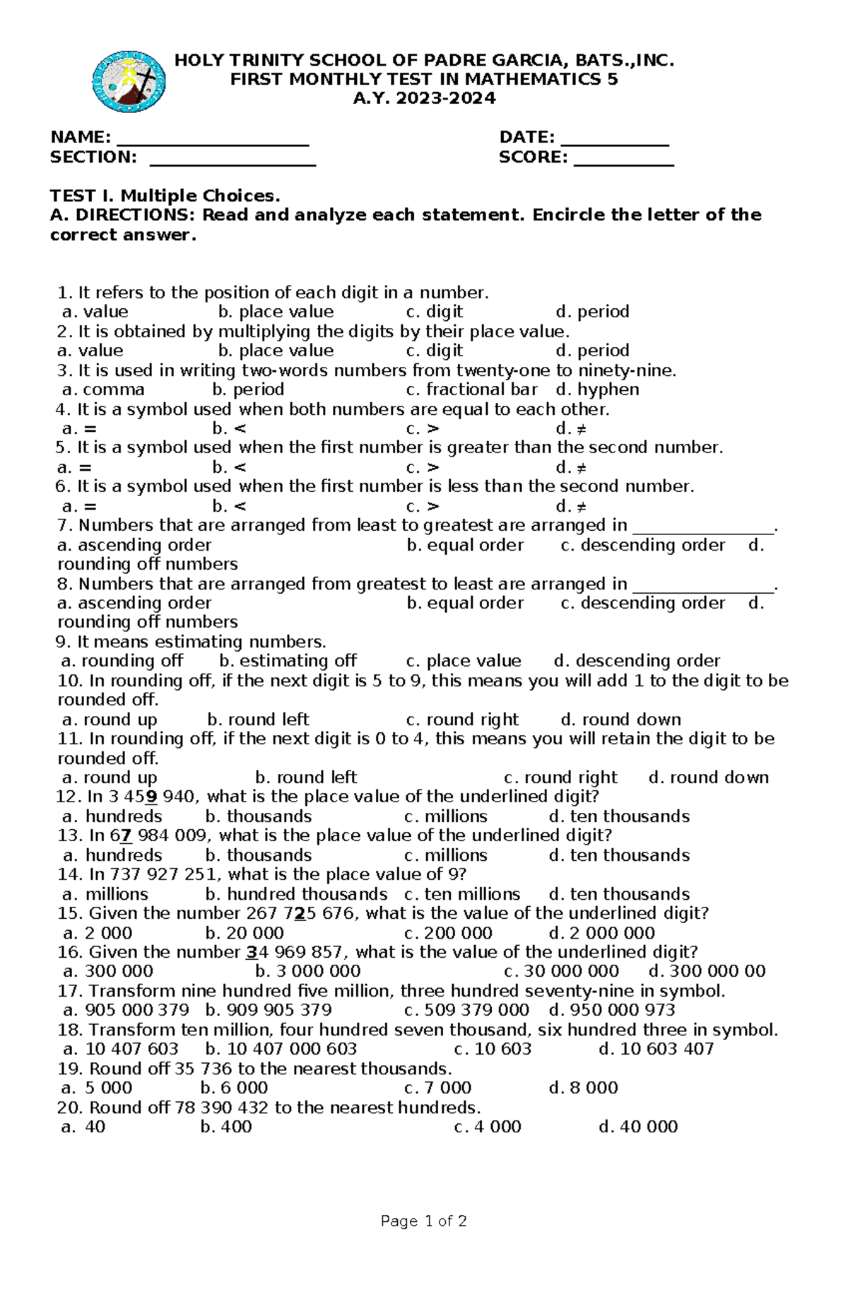 MATH 5 - 1st Monthly Test - HOLY TRINITY SCHOOL OF PADRE GARCIA, BATS ...
