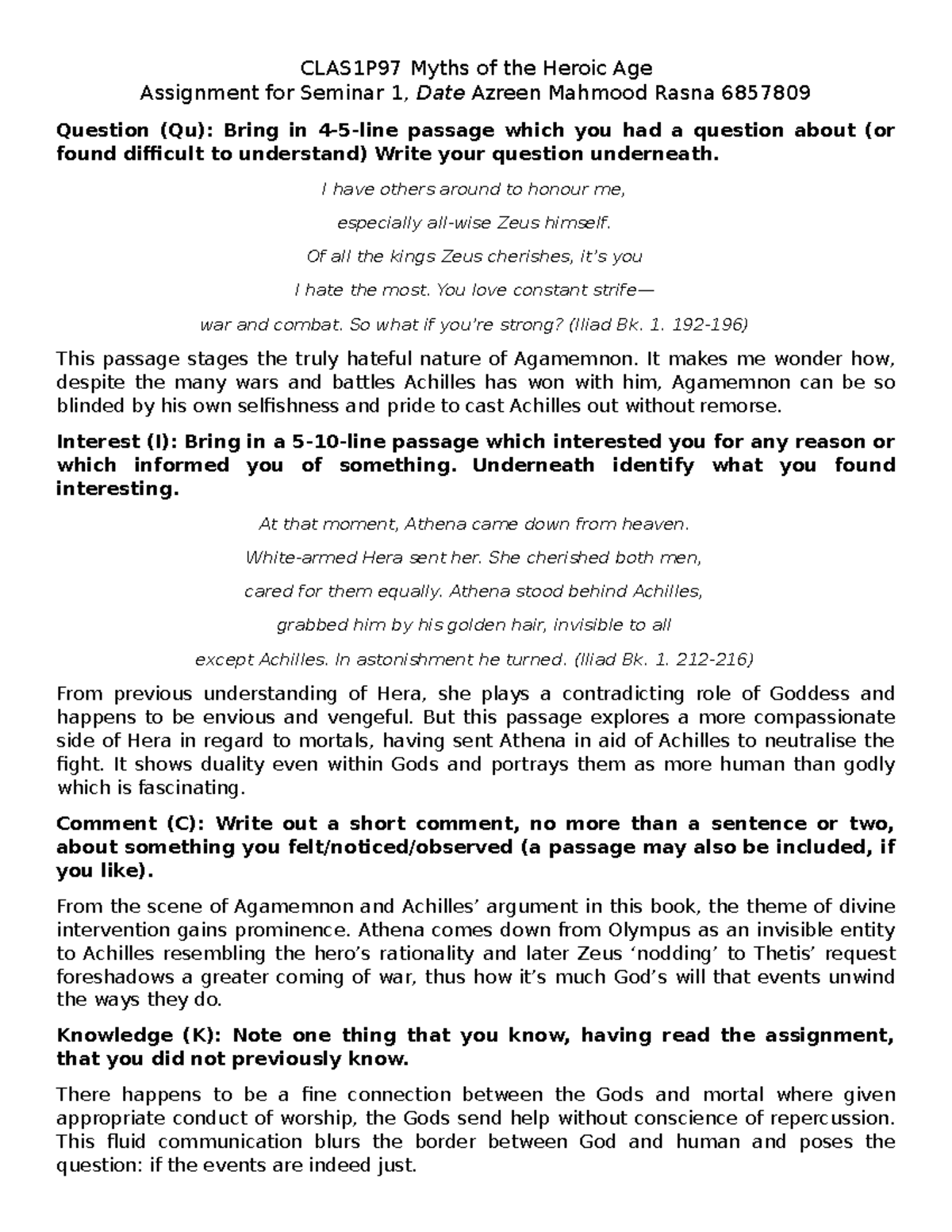 Seminar Assignment 1 - CLAS1P97 Myths of the Heroic Age Assignment for ...