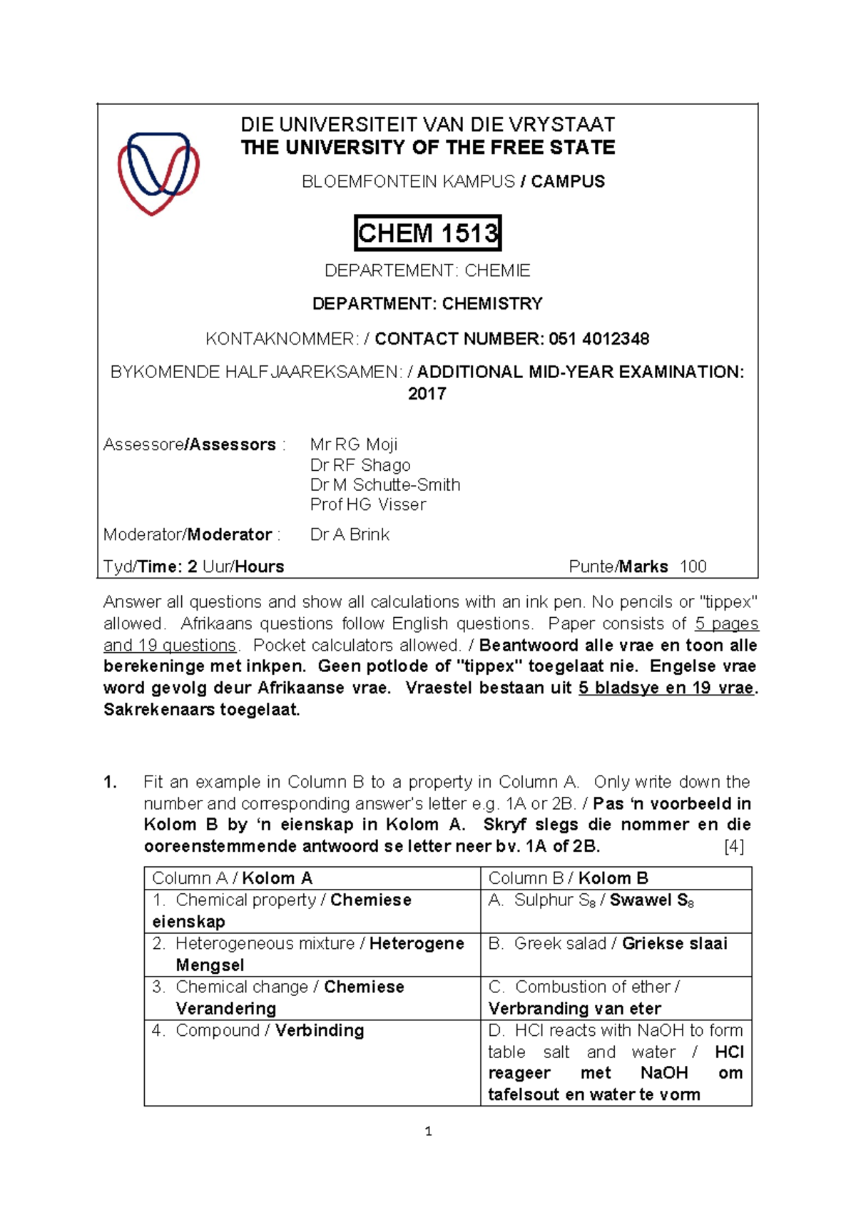 CHEM 1513 - 2017 Add Main Exam UFS - DIE UNIVERSITEIT VAN DIE VRYSTAAT ...
