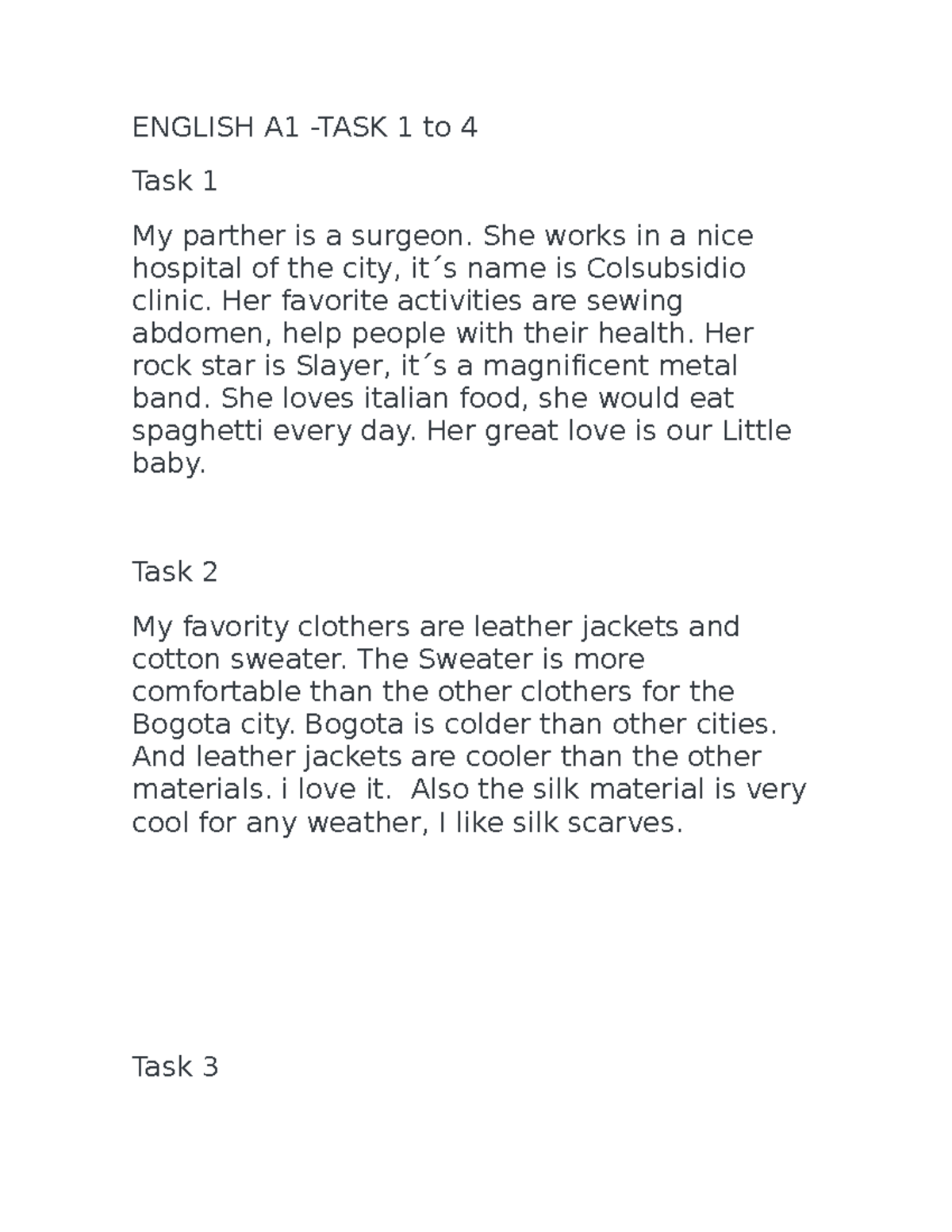 English A1 -TASK 1 to 4 - activity - ENGLISH A1 -TASK 1 to 4 Task 1 My ...