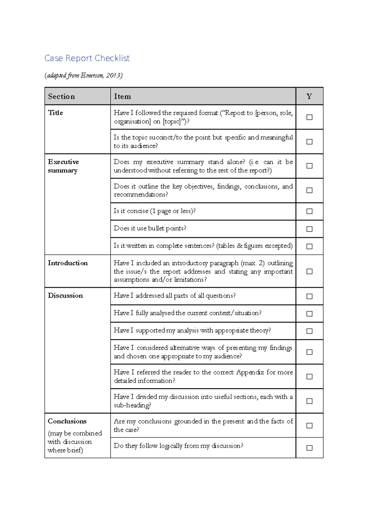 SACL Case Report Assignment Checklist - Case Report Checklist (adapted ...