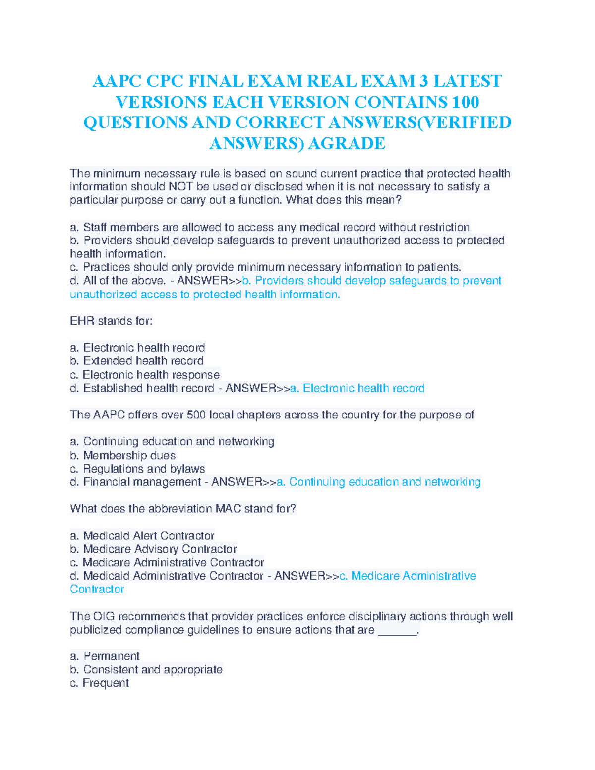 AAPC CPC Final EXAM REAL EXAM 3 Latest Versions EACH Version Contains ...