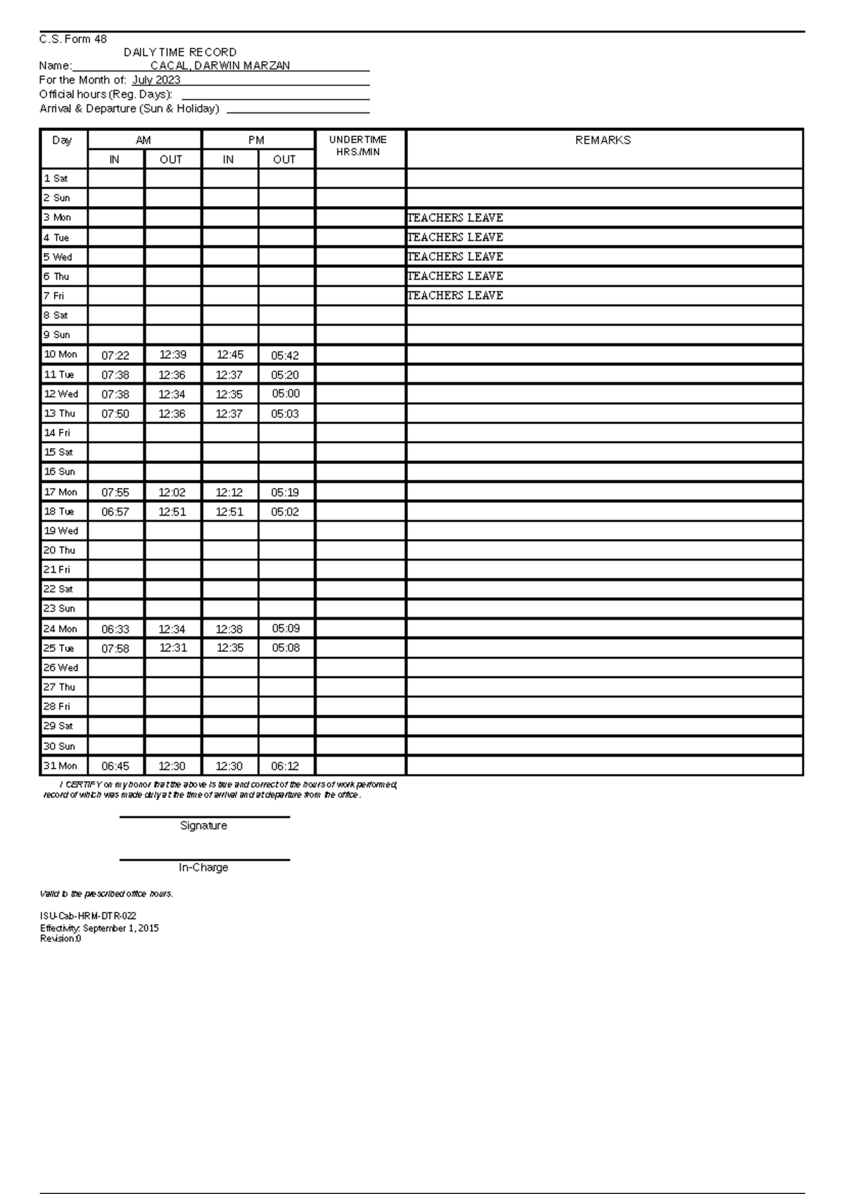 July without pic - 123 - C. Form 48 DAILY TIME RECORD Name: CACAL ...