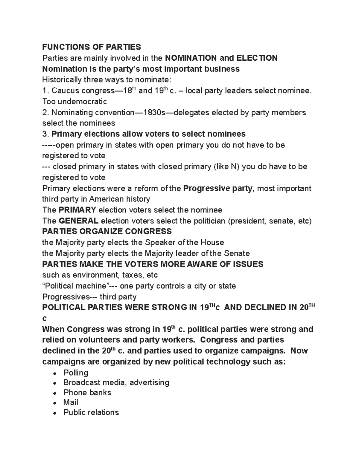 Leacture Notes November 5 - FUNCTIONS OF PARTIES Parties are mainly ...