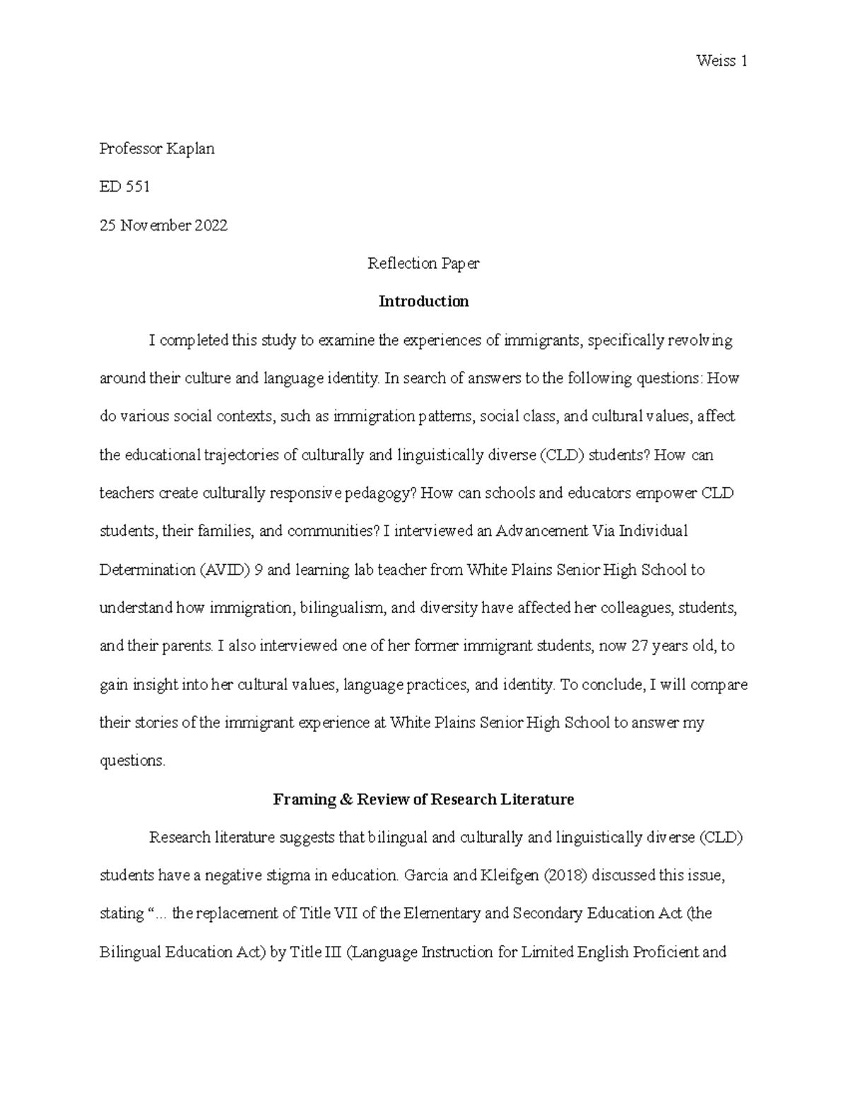 Reflection Essay - Professor Kaplan ED 551 25 November 2022 Reflection ...