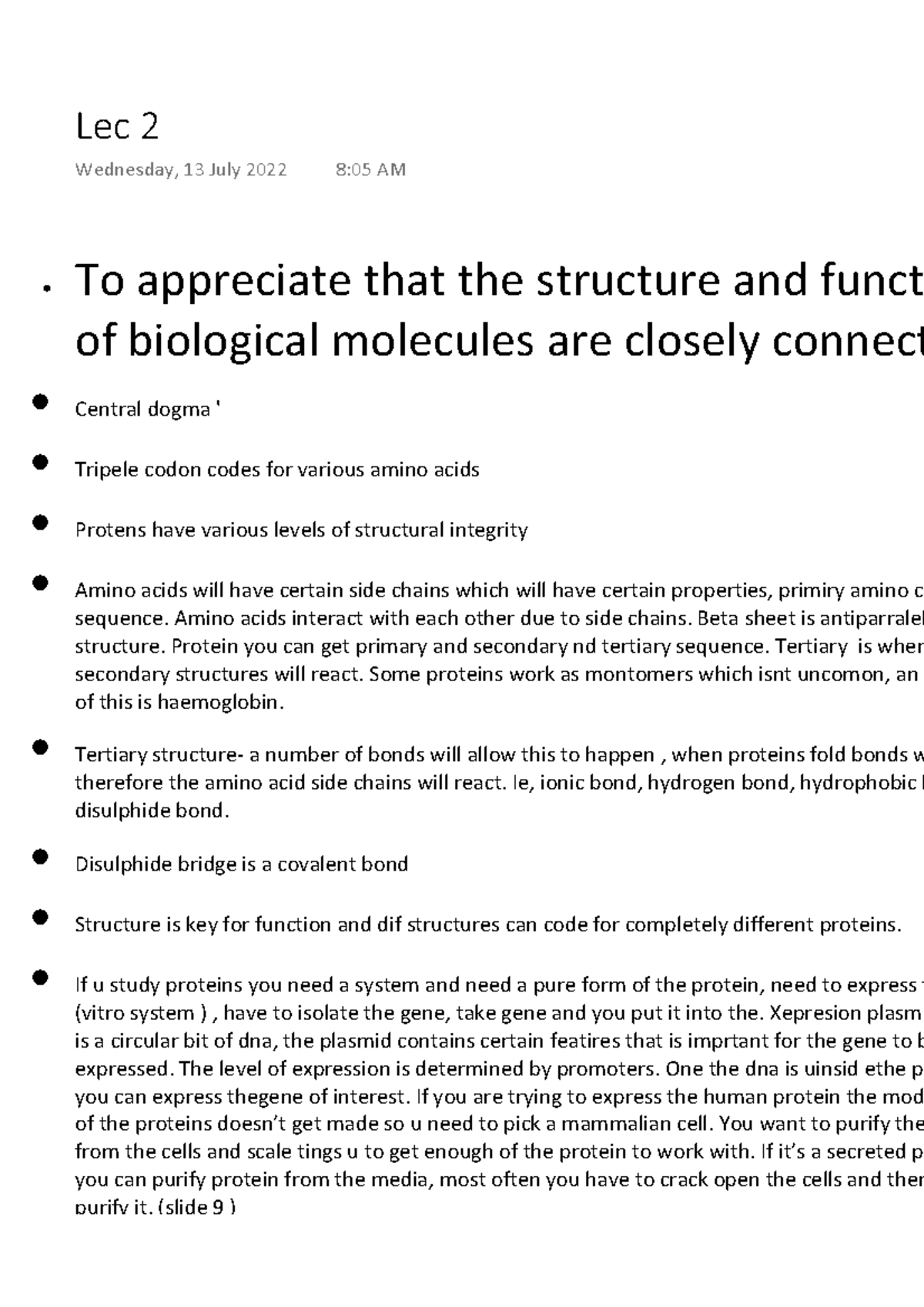 Lec 2 bioc - Biochem lecture 2 notes, based on learning objectives ...