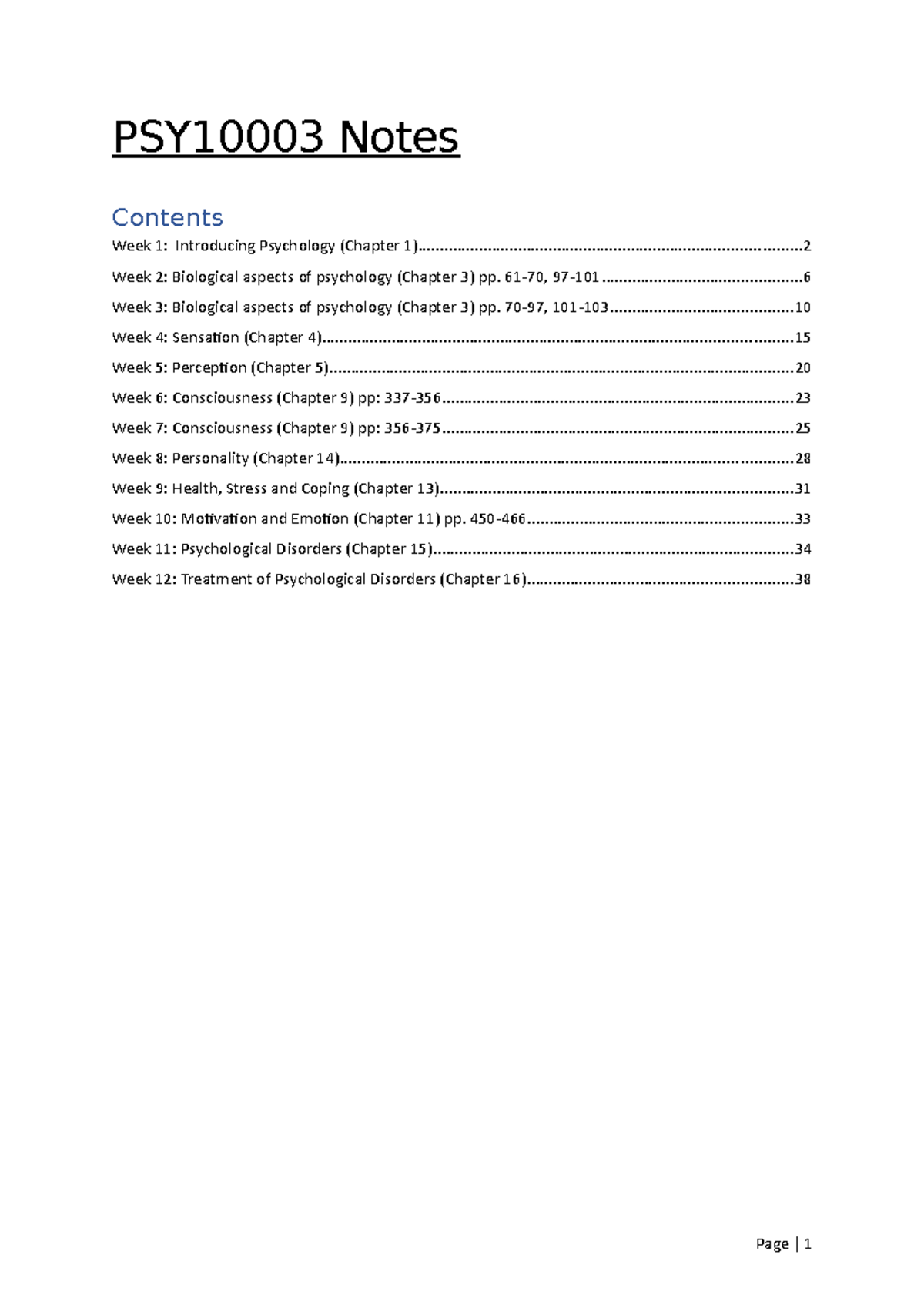 PSY10003 Notes - Notes Contents Week 1: Introducing Psychology (Chapter ...