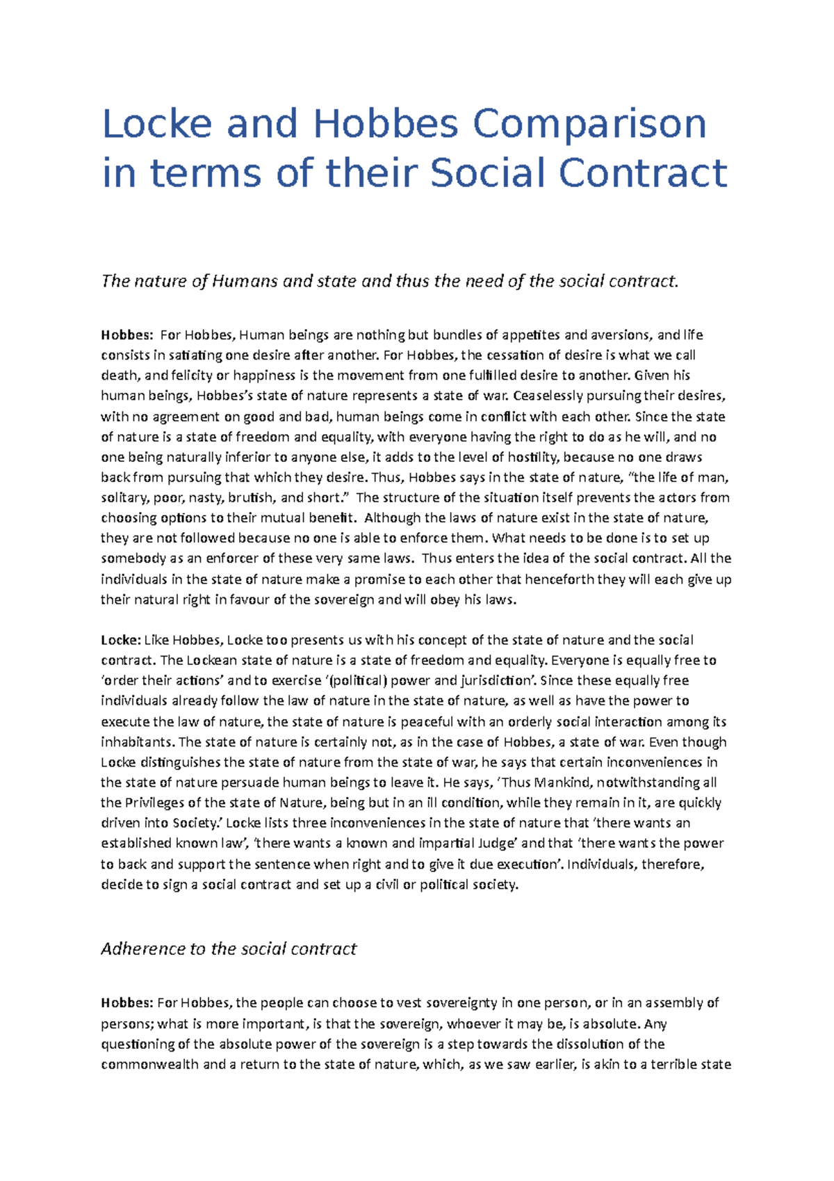 Locke and Hobbes Comparison in terms of their Social Contract - Hobbes ...